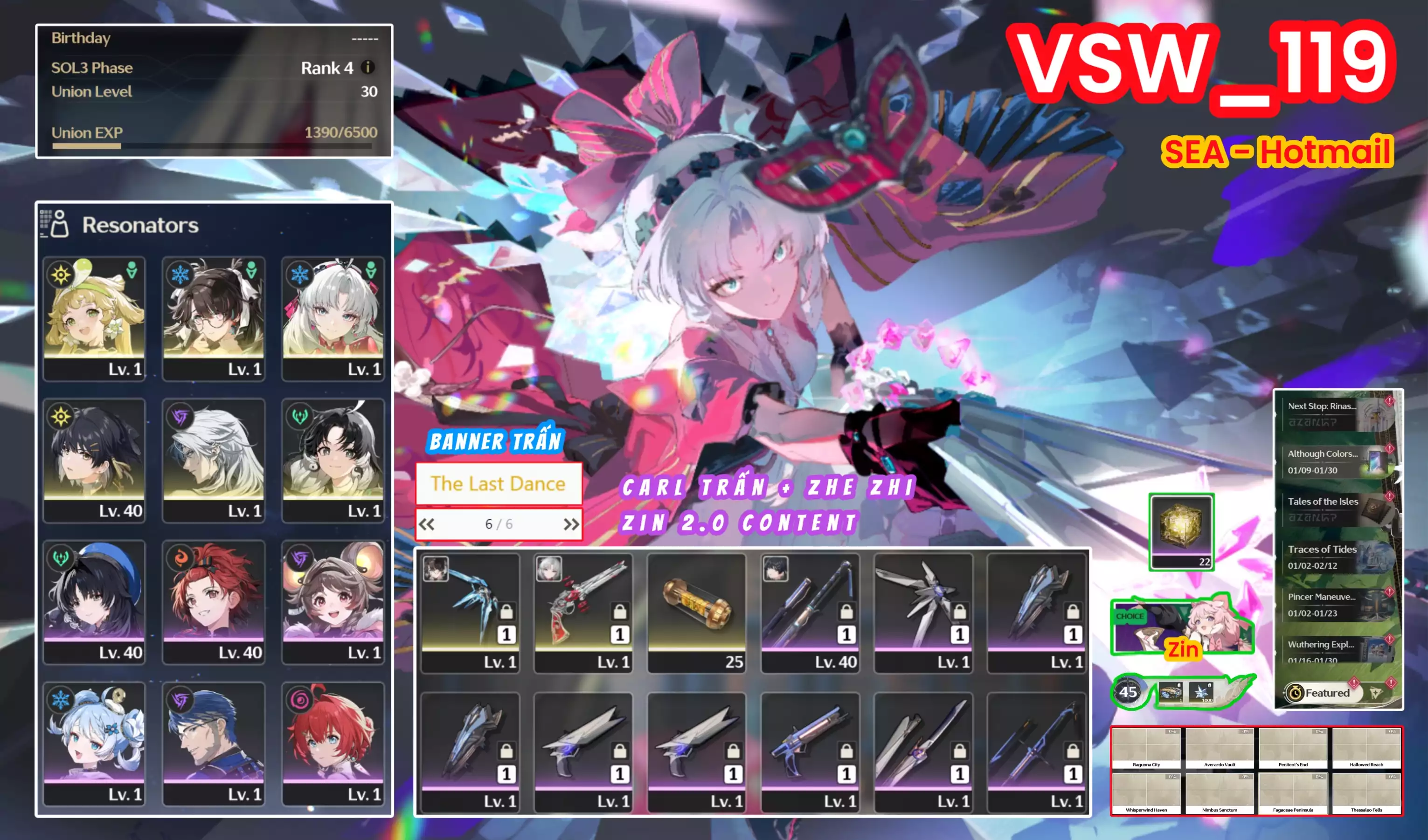 Acc #47622: [ VSW_119 SIÊU PHẨM XẠ THỦ FULL BUFF ] CARLOTTA TRẤN + ZHE ZHI + CALCHARO + VERINA ...