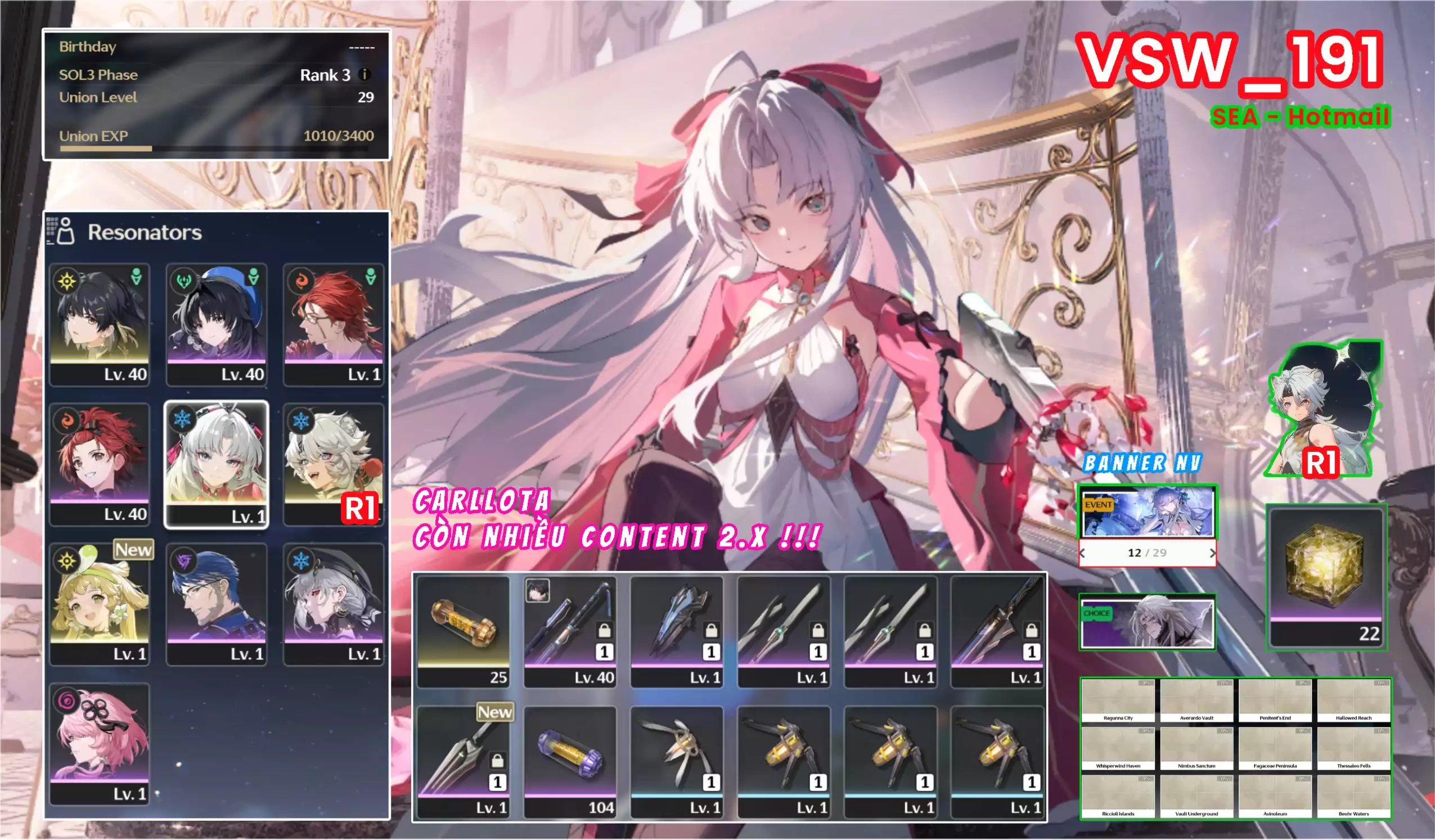 Acc #54825: [ VSW_191 SIÊU PHẨM WAIFU ] CARLOTTA + VERINA + LINGYANG R1. 12 BANNER LIMIT. 22 ...